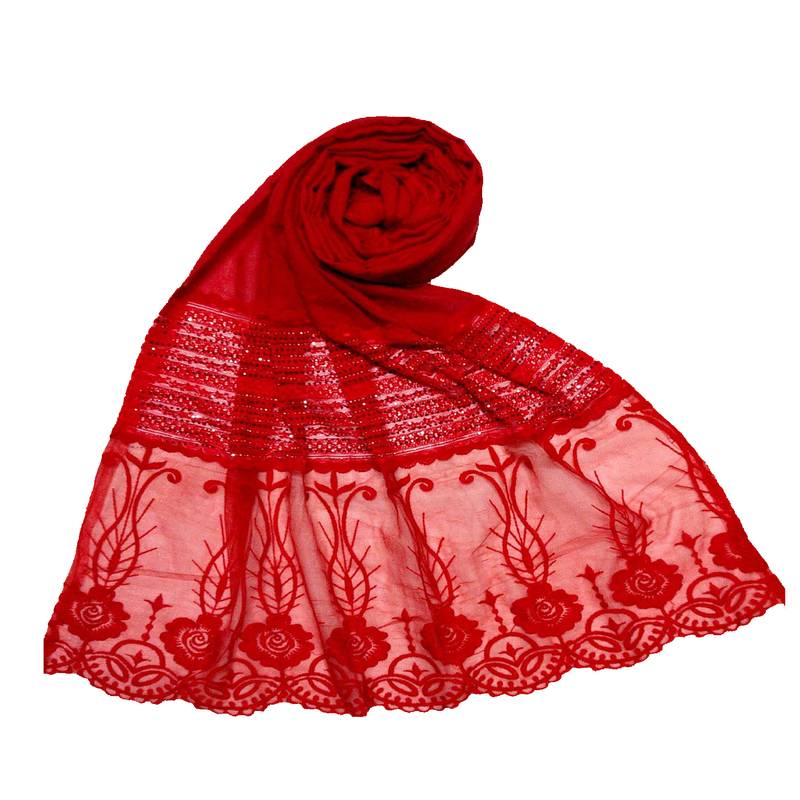 Red Premium Cotton Designer Diamond Studed Stole - Mean Zoom - 3010618