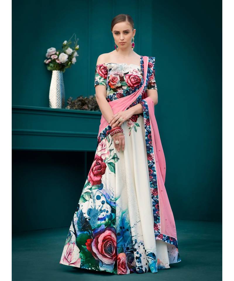 Pure Spandex Natural Silk Cream Digital Printed Designer Lehenga With ...