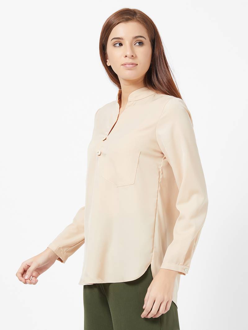 Beige plain polyester long-tops - BKind - 3014658