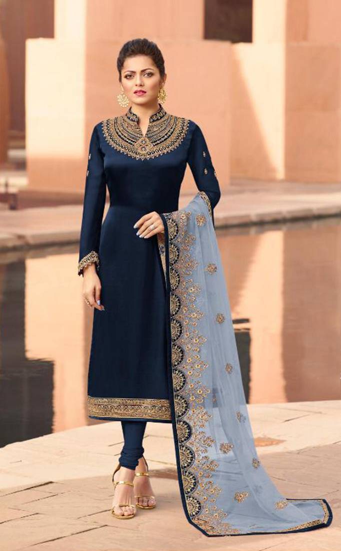 Blue embroidered satin salwar - Win Fashion - 3016880