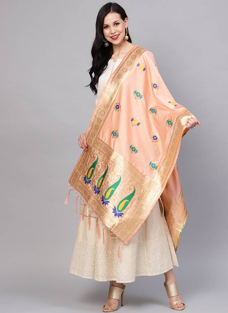 Women Peach Color Woven Traditional Dupatta - Monjolika - 3016912