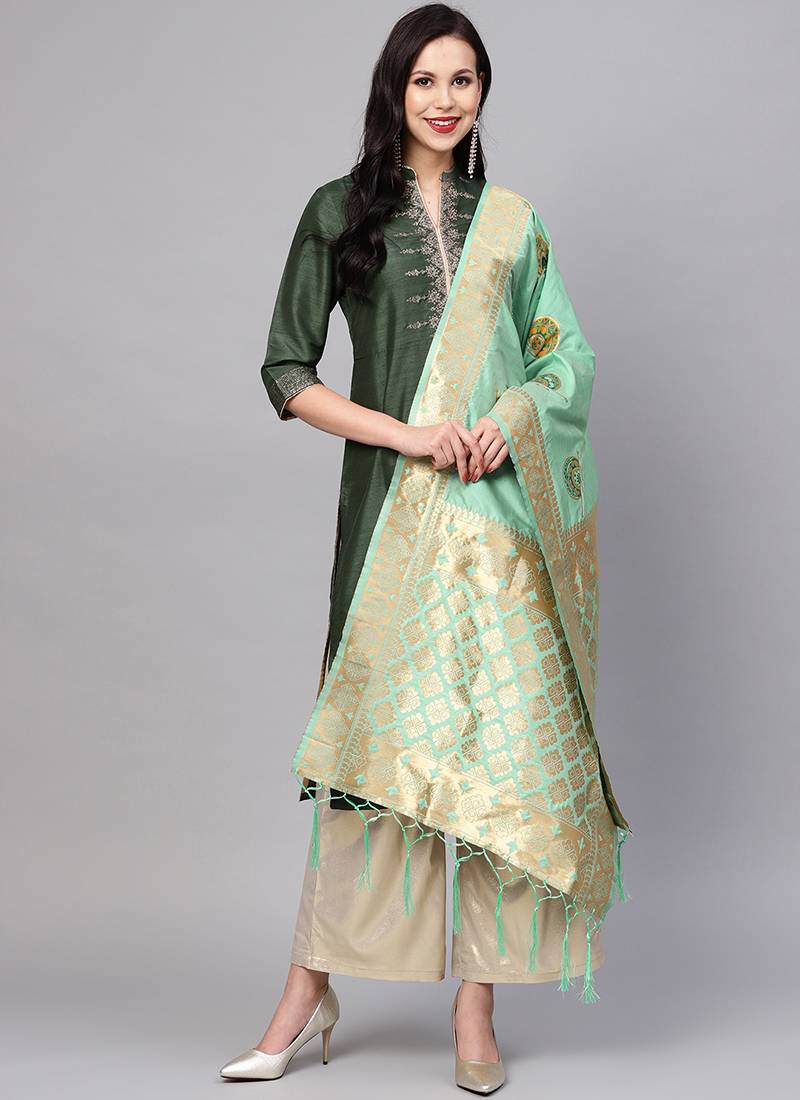 Women Pastel Aqua Color Woven Traditional Dupatta - Monjolika - 3016915