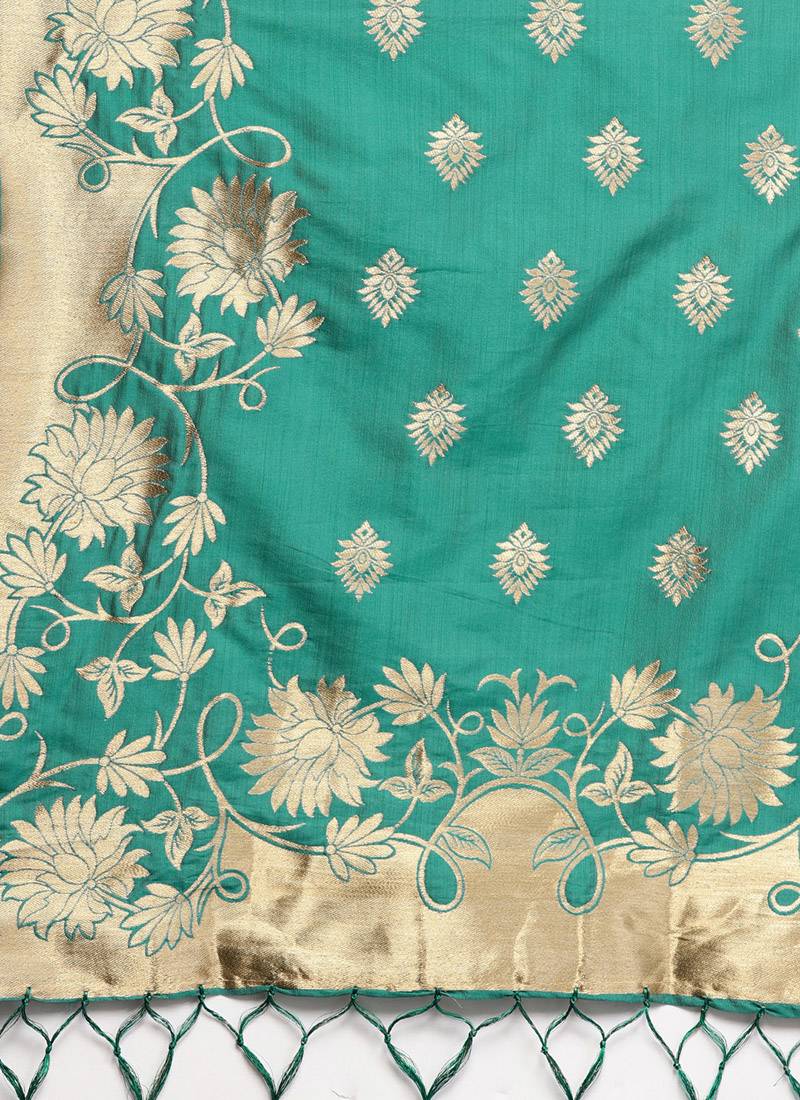 Women Teal Green Color Woven Banarasi Dupatta - Monjolika - 3016958
