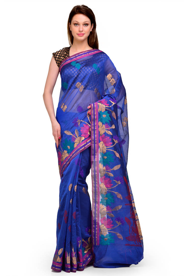 Blue woven cotton silk saree with blouse - sspk - 407734