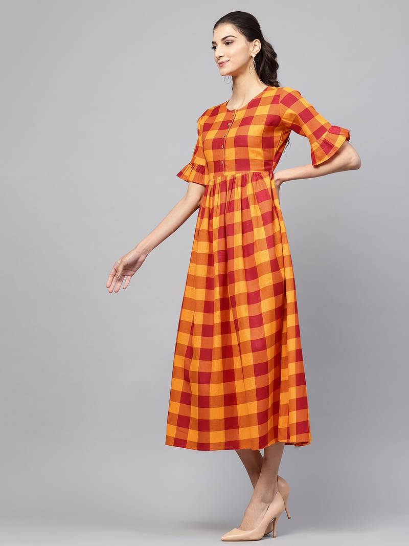 Yellow Check Gathered Waist Dress - SASSAFRAS - 3020624