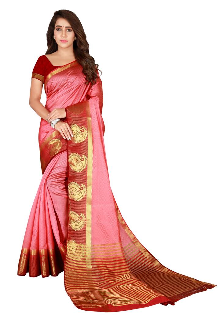 Pink woven nylon saree with blouse - Vardan Ethnic - 3021229