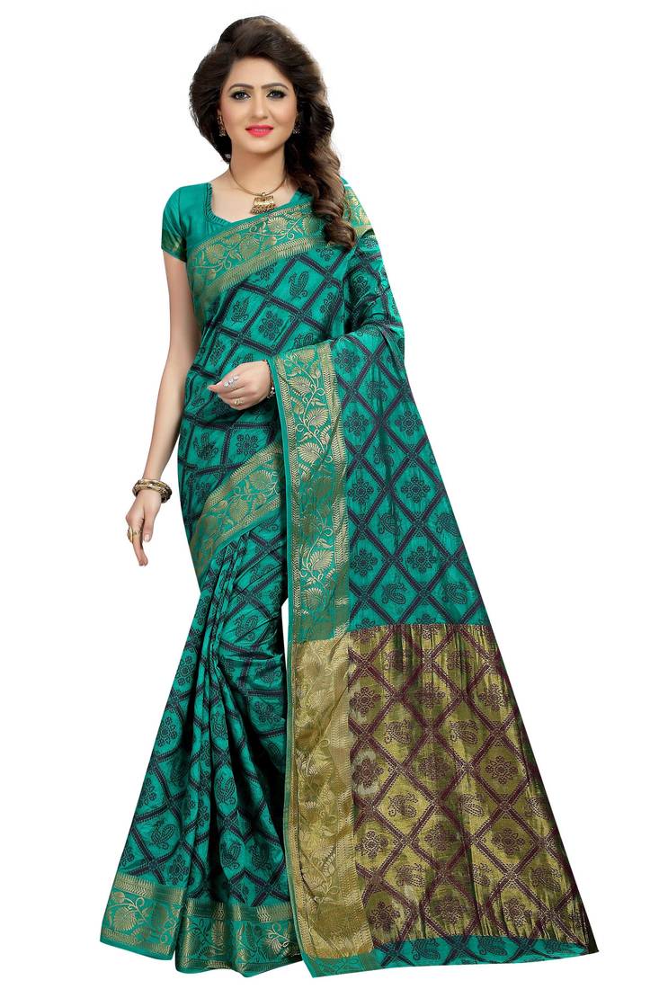 Teal woven nylon saree with blouse - Vardan Ethnic - 3021233