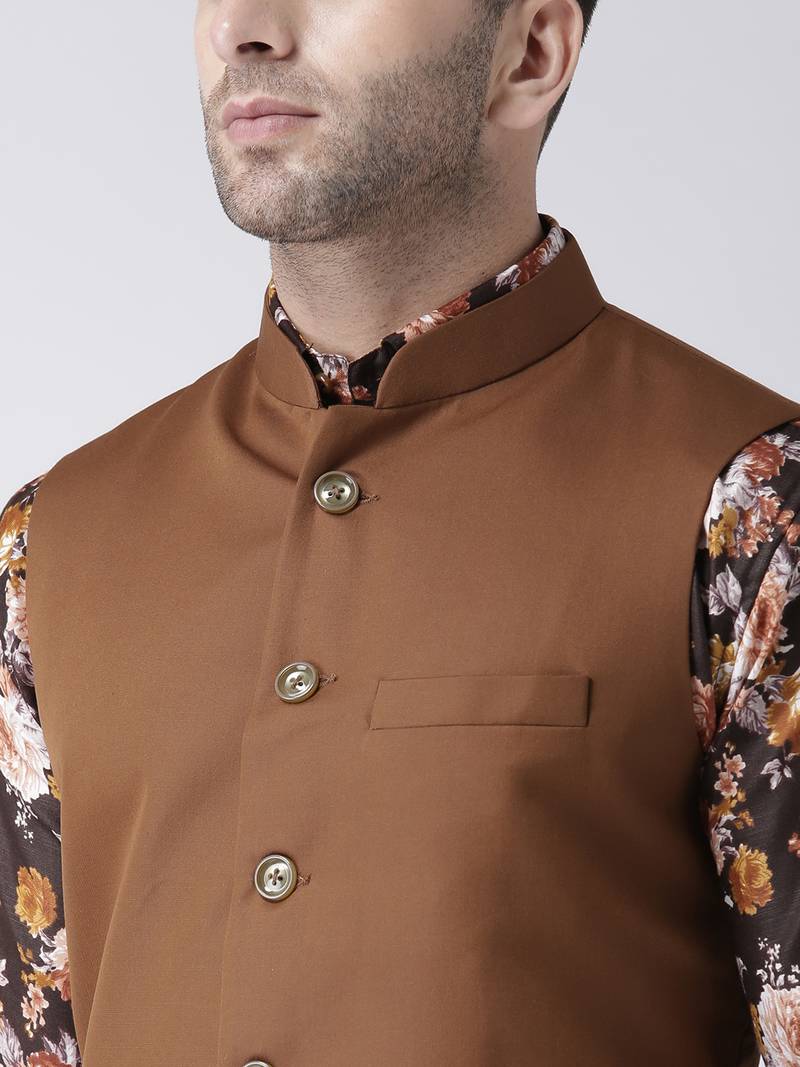 Brown Plain Cotton Stitched Nehru Jacket And Trousers - Hangup - 3022265