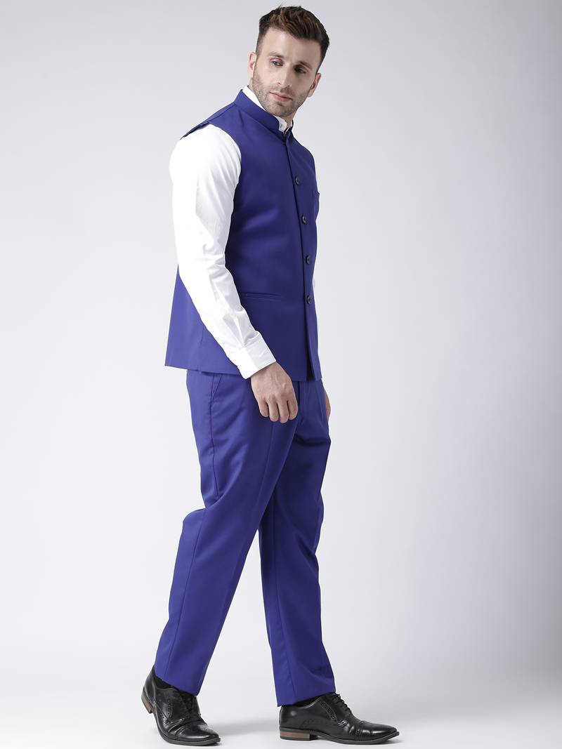Blue Plain Cotton Stitched Nehru Jacket And Trousers - Hangup - 3022268
