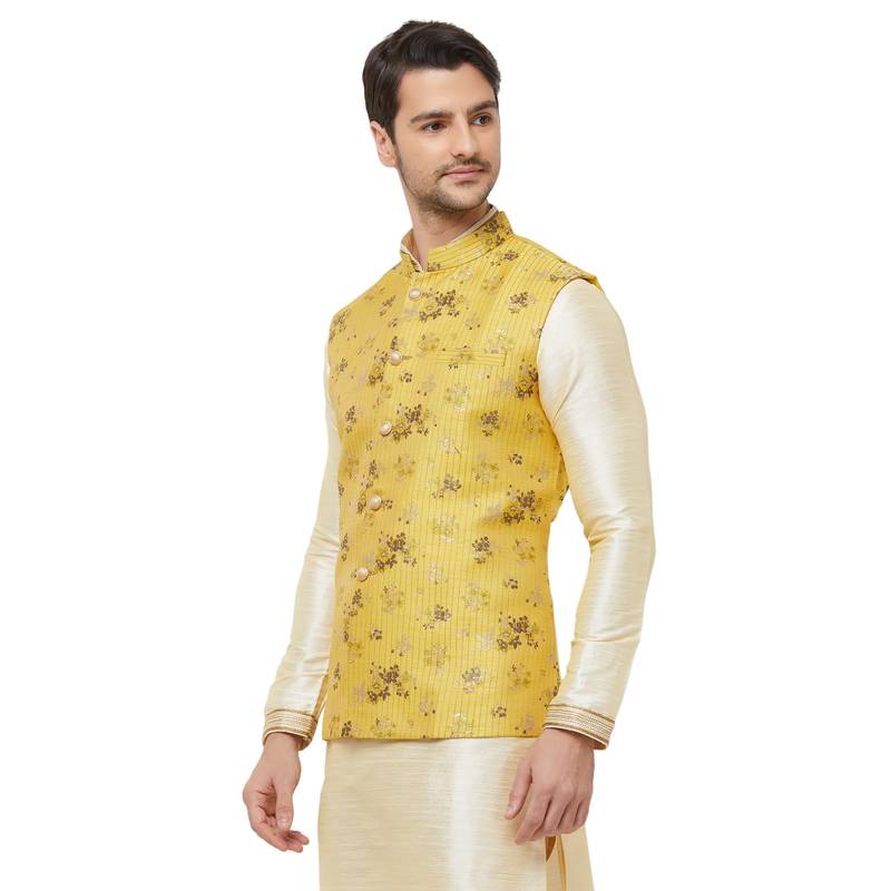 Yellow printed pure silk nehru-jacket - N Dot - 3030900