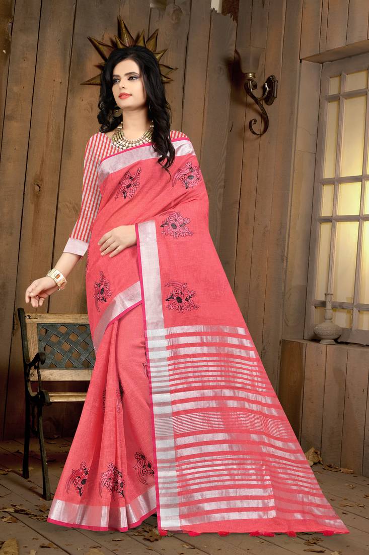 Pitch Color Linen Embroidery work Saree - cheekudi Texworld - 3030922