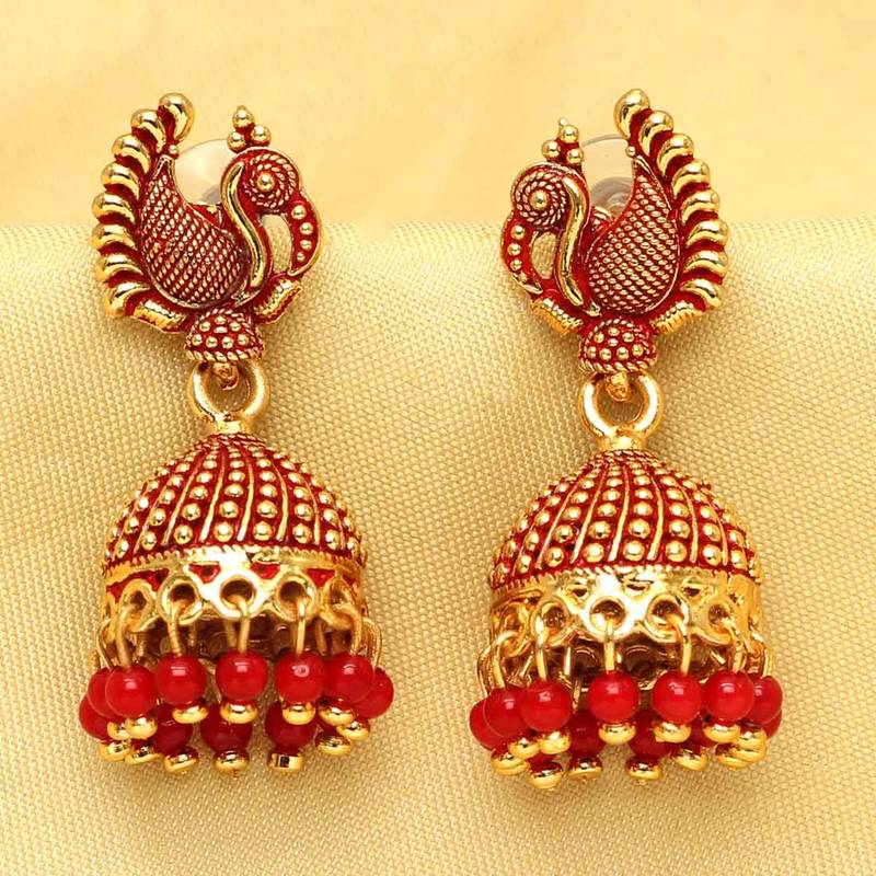 Red jhumkas - Jaipur Mart - 3035629