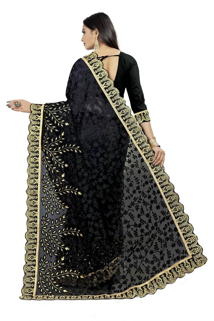 Black embroidered net saree with blouse - Tiana Creation - 3035974