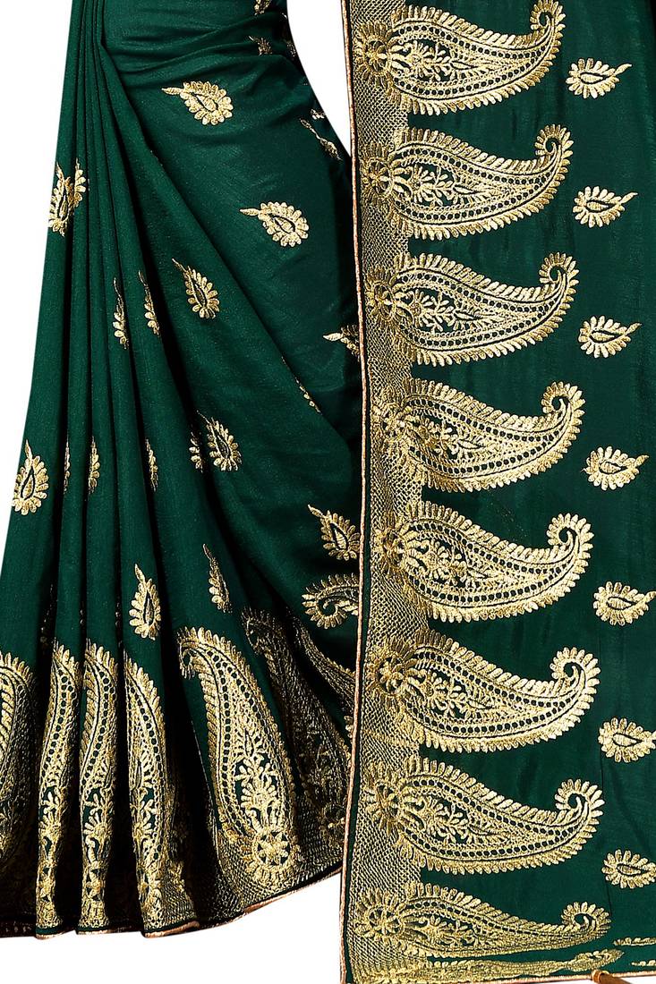 Dark green embroidered fancy fabric saree with blouse - VALAM PRINTS ...