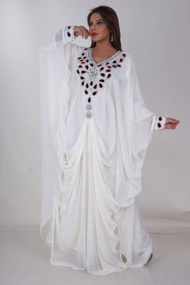 White embroidered georgette islamic-kaftans - AL ANSAR CREATION - 3038174