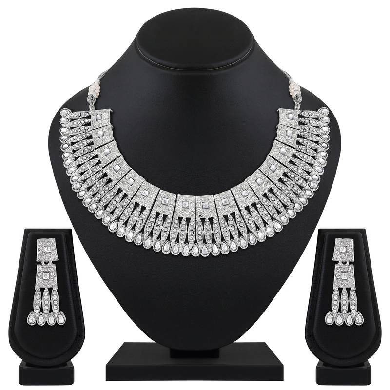 Trendy Fashion Silver Plated White Stone Set Of 2 Necklace Set Combo ...