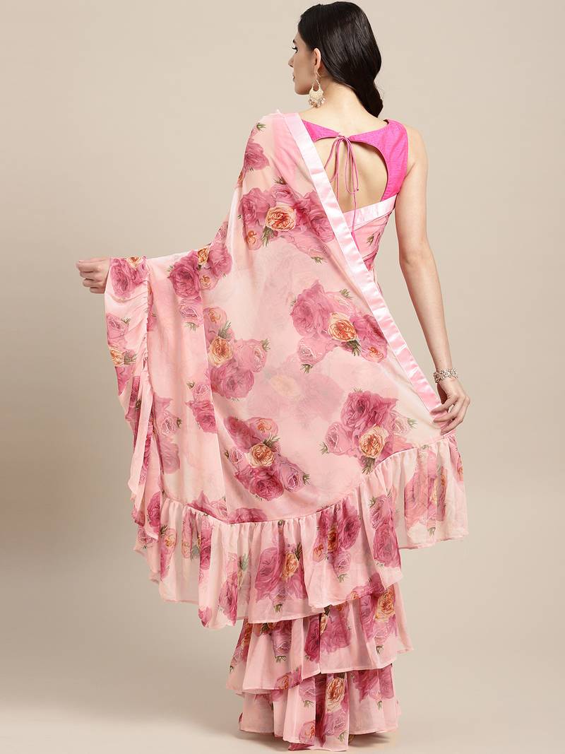 Multicolored Georgette Designer Ruffle Saree - Trishulom Cloth's Online ...