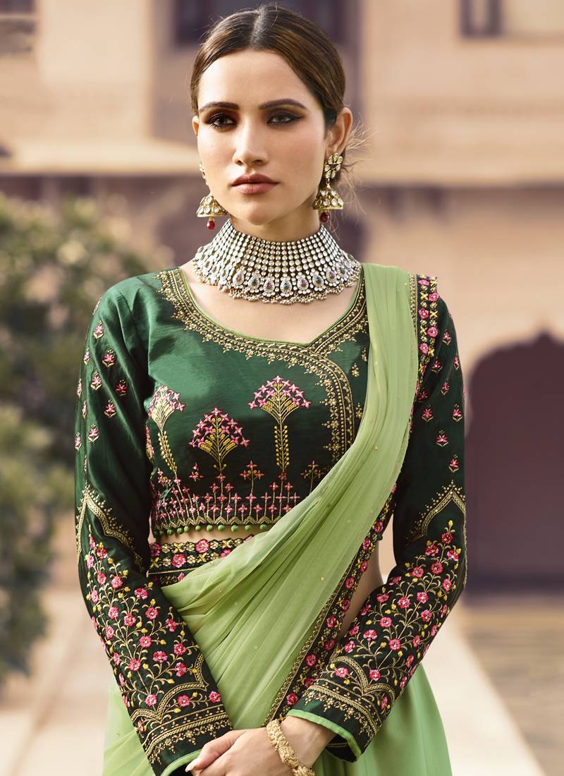 Green Color Barfi Silk Heavy Embroidery With Zari Work Semi-Stitch ...