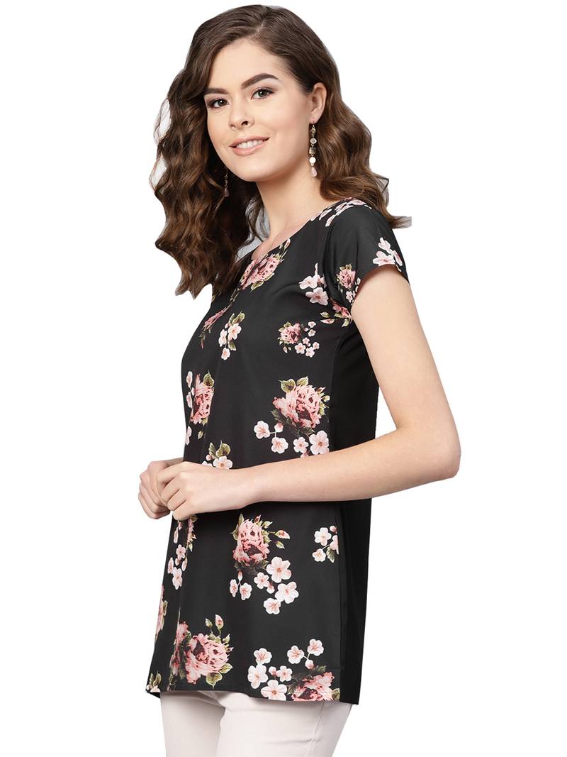 Women's Polyester black Floral Printed Top - Ishin - 3052437