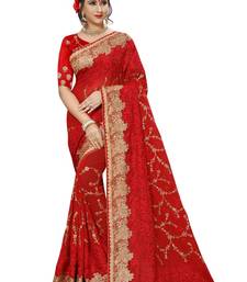 Red embroidered georgette saree with blouse - Tadla - 3060851