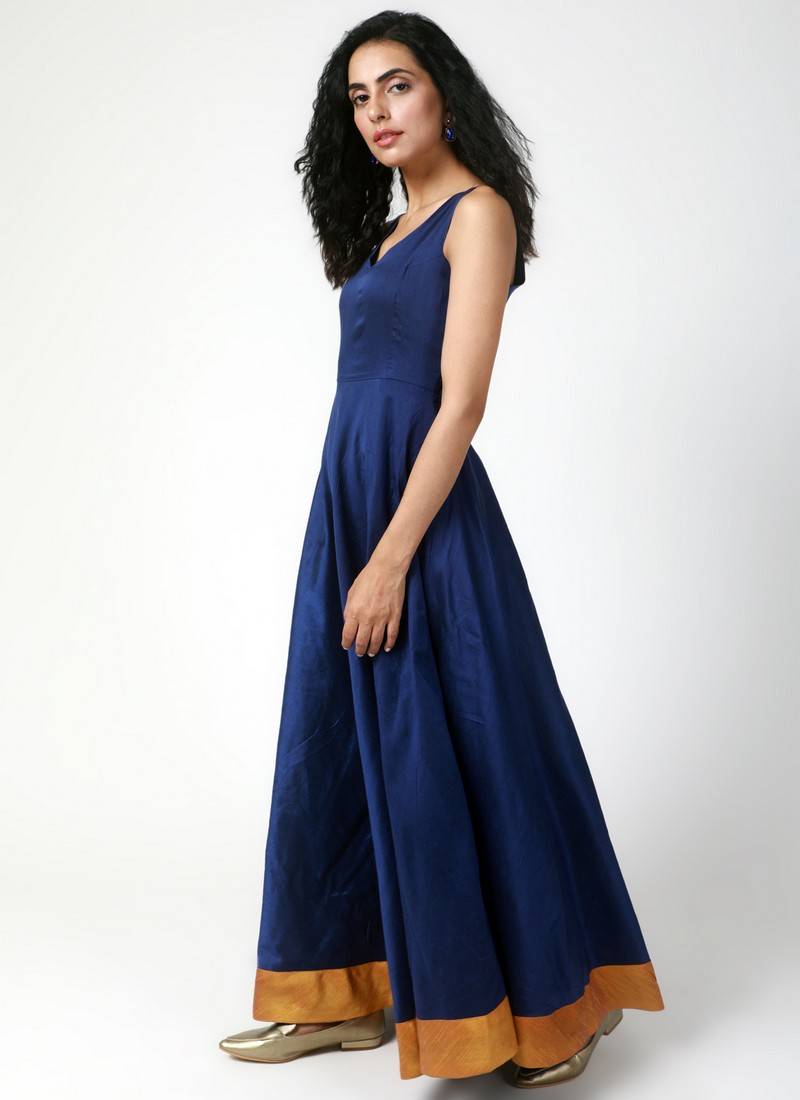 Blue Gold Bordered Dress - TRUEBROWNS LIFESTYLE PVT. LTD. - 3063931