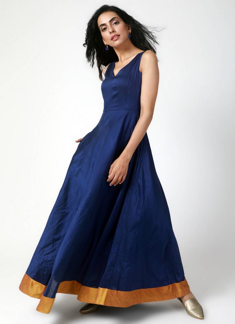 Blue Gold Bordered Dress - TRUEBROWNS LIFESTYLE PVT. LTD. - 3063931