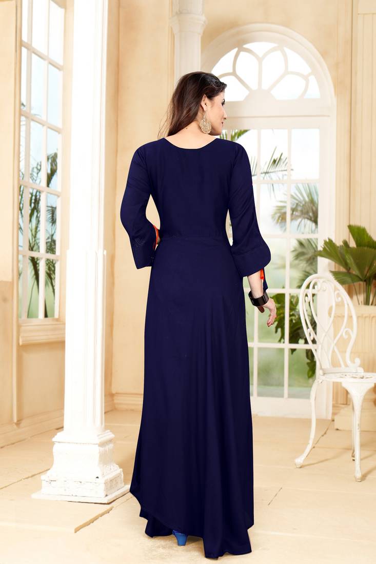 blue embroidered satin stitched party wear gown - Freyaa - 3065433