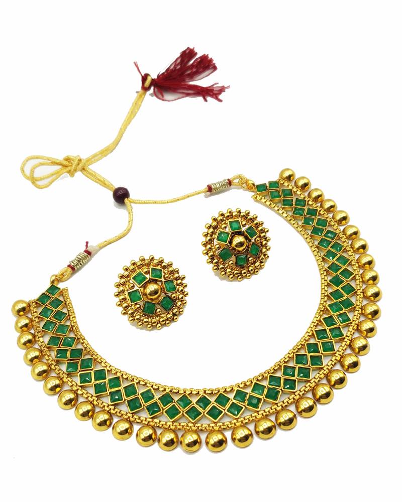 Green Stone Studded Metallic Necklace Sets - Classiques - 3033659