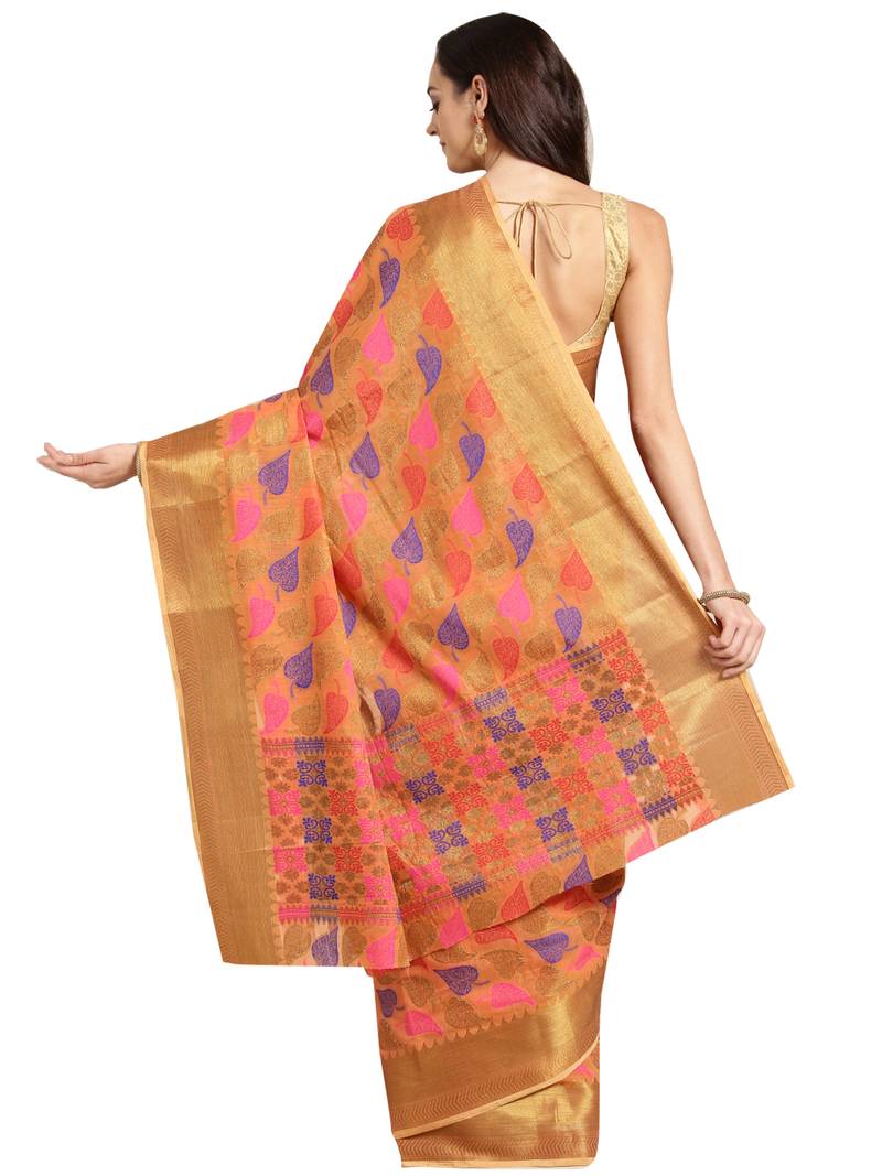 Orange Woven chanderi saree with blouse - Ishin - 3072947