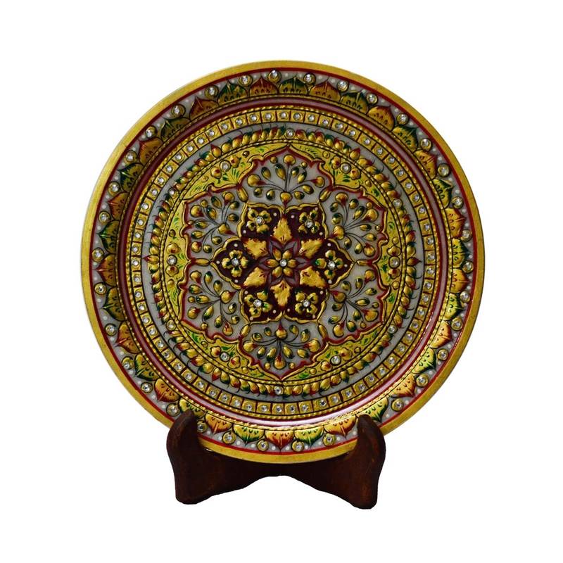 Golden Floral Decorative Marble Plate with Wooden Stand - eCraftIndia ...