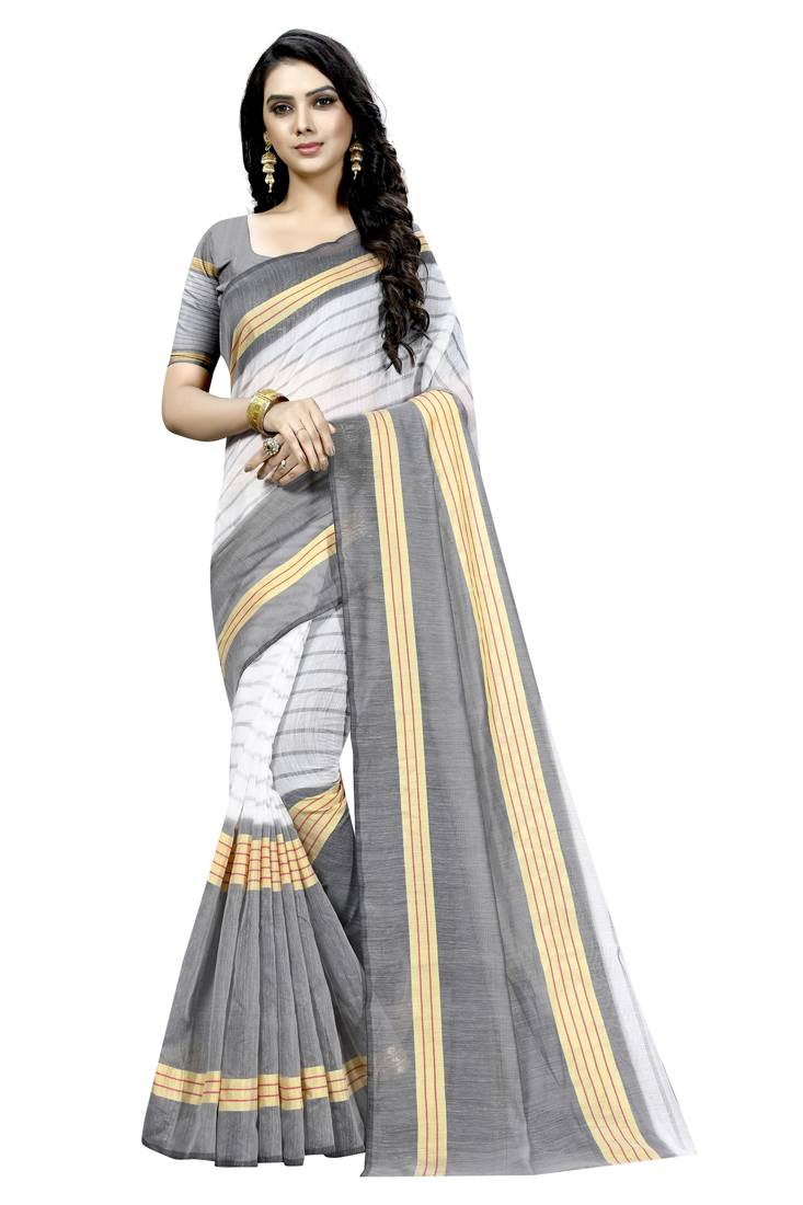 White plain cotton silk saree with blouse - Yashraj Export - 3076107