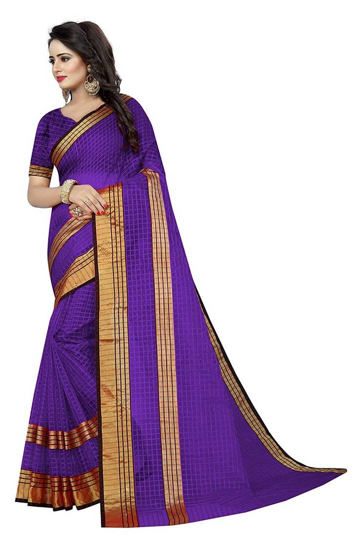 Violet plain cotton silk saree with blouse - Yashraj Export - 3076115