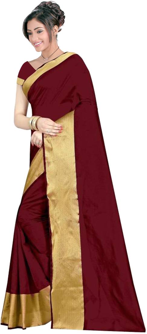 Maroon plain cotton silk saree with blouse - Yashraj Export - 3076125