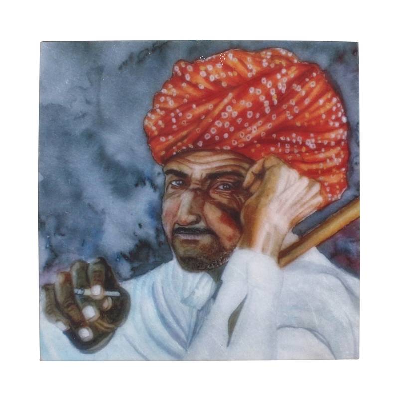 Rajasthani Man Wearing Turban Painting On Marble Square Tile ...