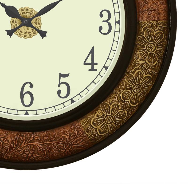 Wooden Analog Round Dual Color Metal Carving Frame Wall Clock ( Copper ...