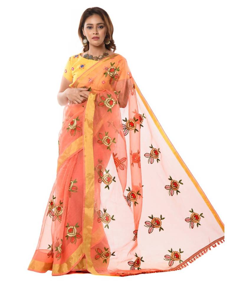 Peach colored embroidered magic - Wrap in 1 Minute Saree - 3087222