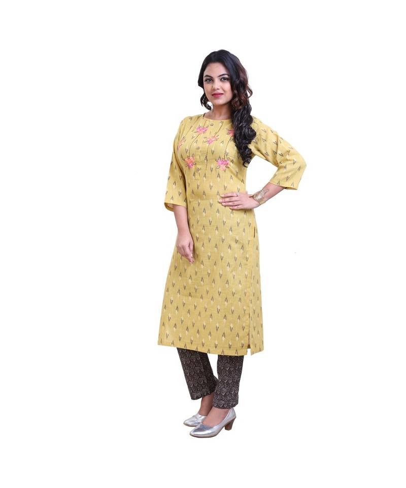 Floral Embroidery with Ekat print Kurta & Pant For Women - ZRI - 3088364