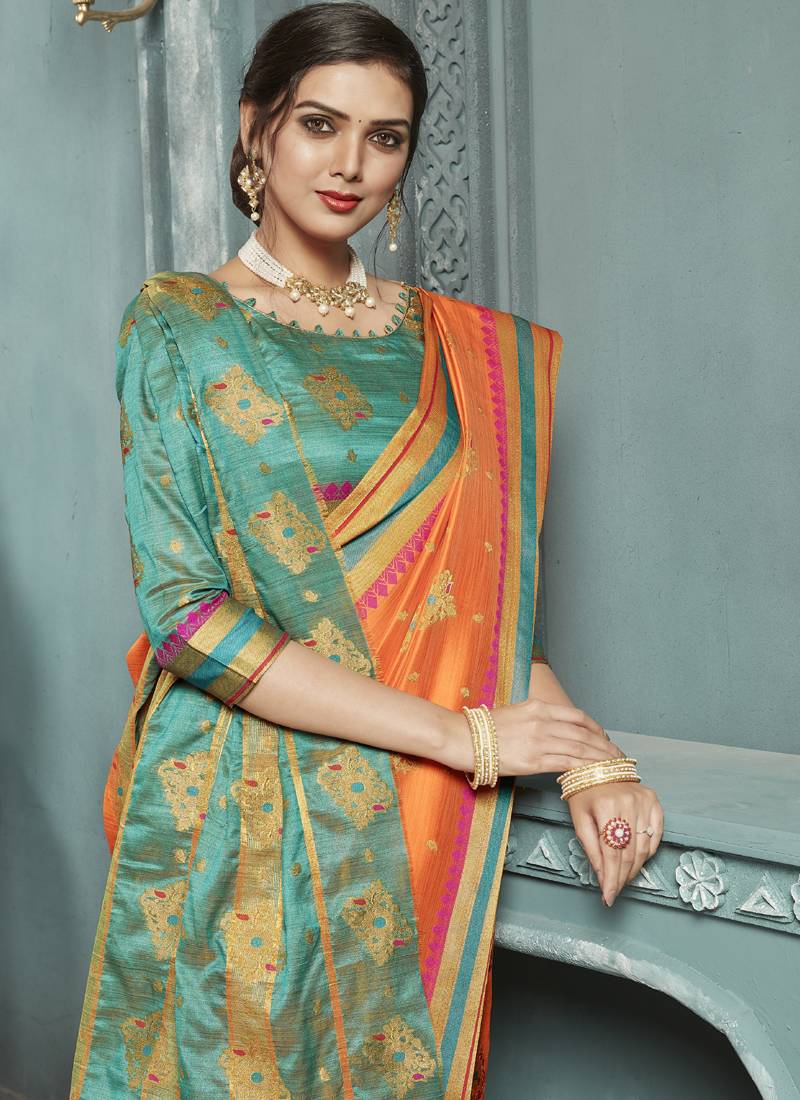 Orange Bamboo Silk Printed Saree - Vasu Sarees - 3090640