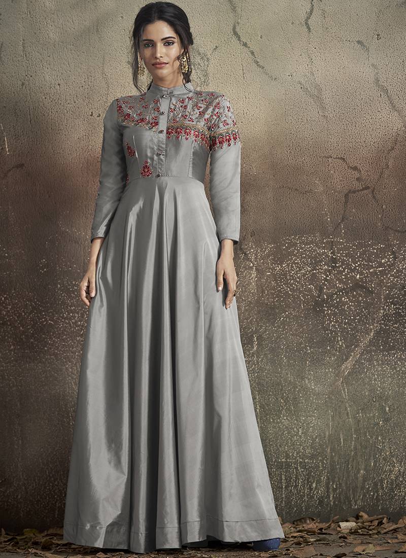 silver embroidered silk blend stitched salwar with dupatta - Vasu ...