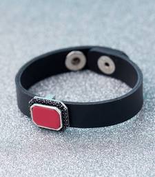 Milestone Black Leather Bracelet with Red Stone Charm - Voylla - 3090948