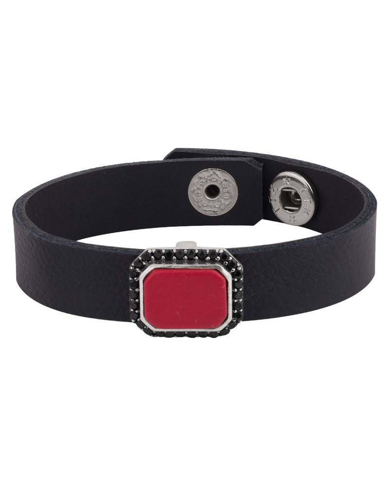 Milestone Black Leather Bracelet with Red Stone Charm - Voylla - 3090948