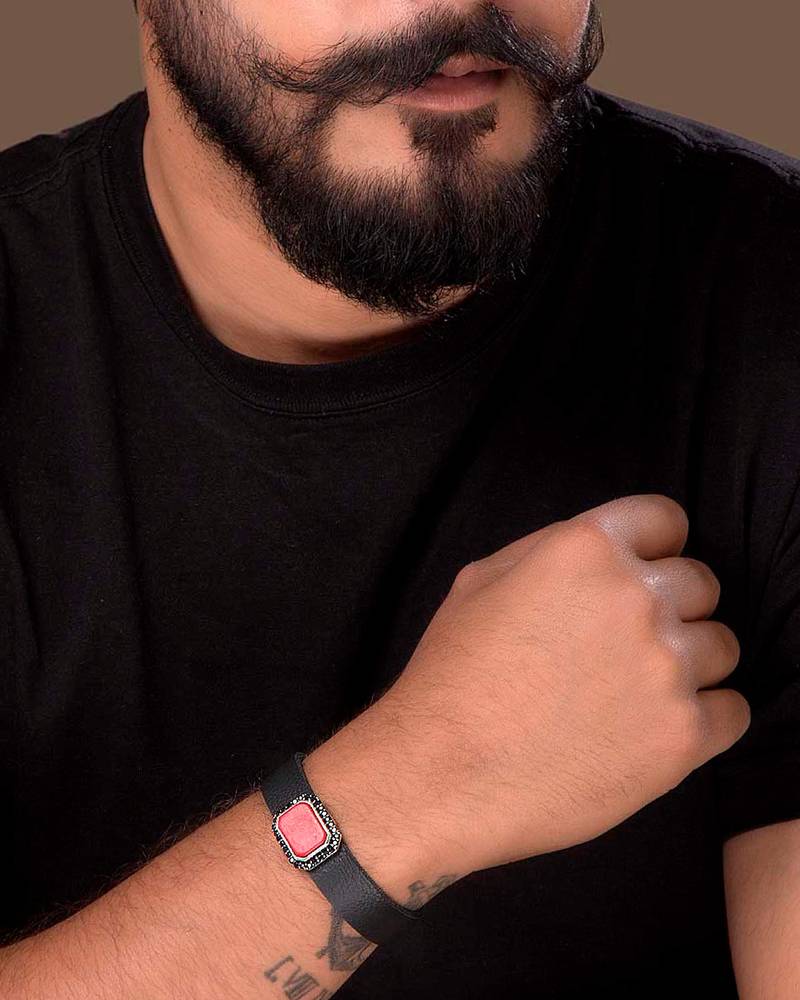Milestone Black Leather Bracelet with Red Stone Charm - Voylla - 3090948