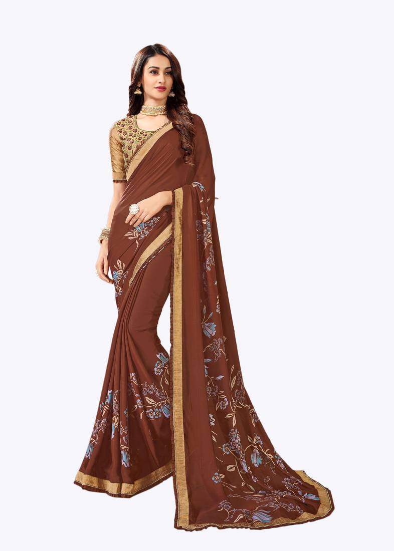 Brown printed georgette saree with blouse - Ankit Fashions - 3090381