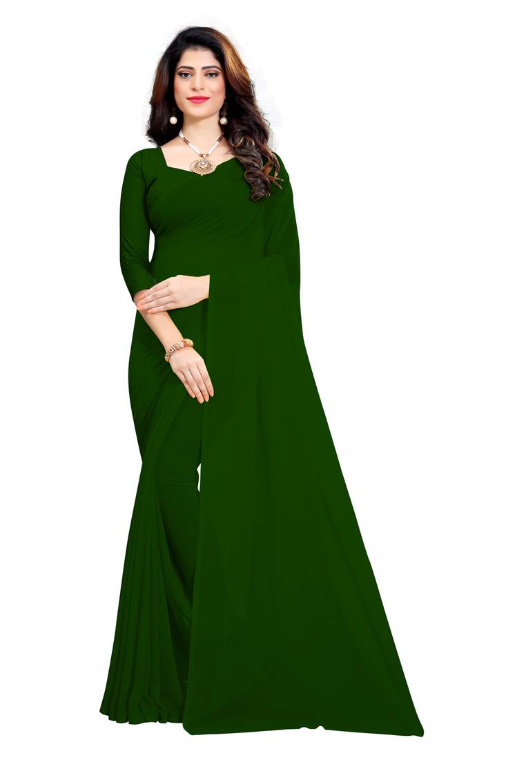 Dark green plain georgette saree with blouse - Multi retail - 3092435
