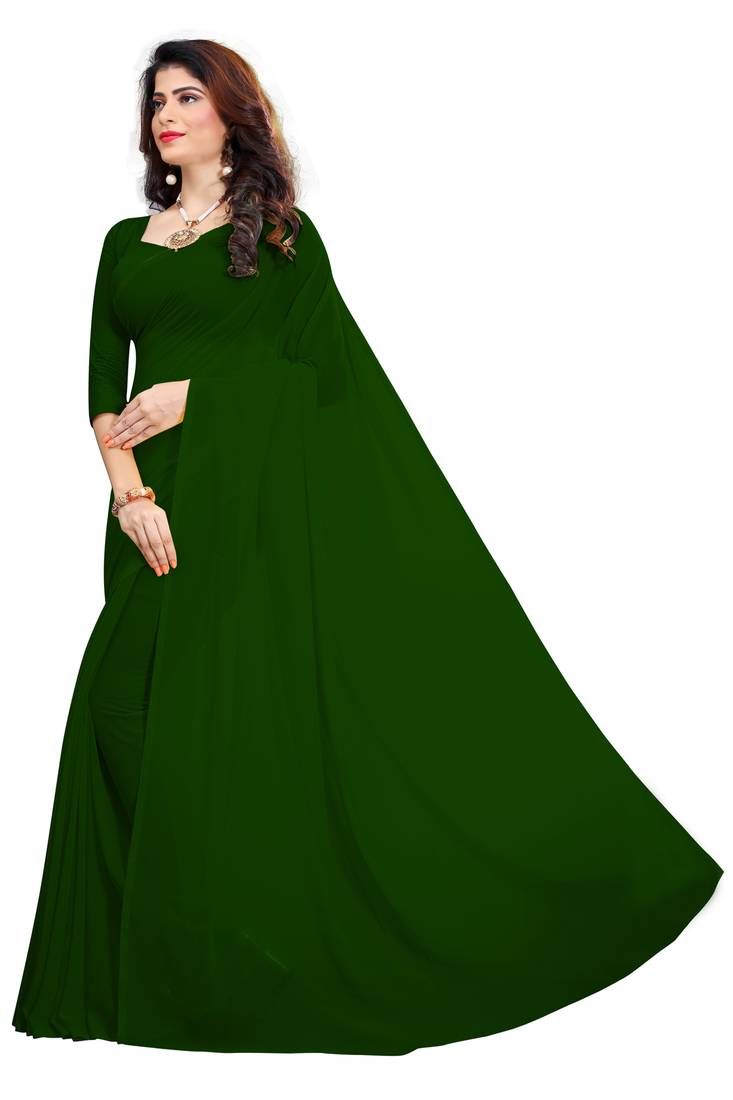 Dark green plain georgette saree with blouse - Multi retail - 3092435