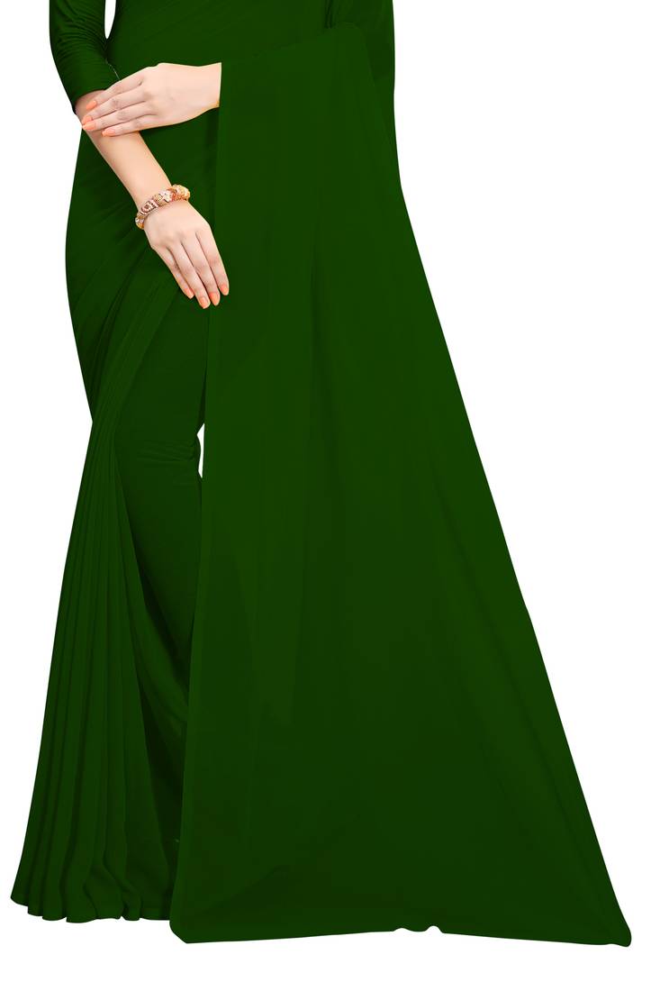 Dark green plain georgette saree with blouse - Multi retail - 3092435