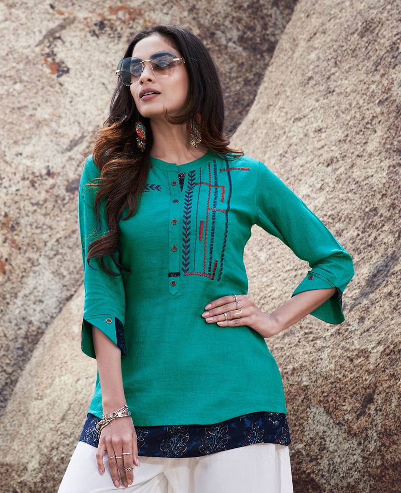 Green Embroidered Rayon Party-Tops - Real Saree - 3092687