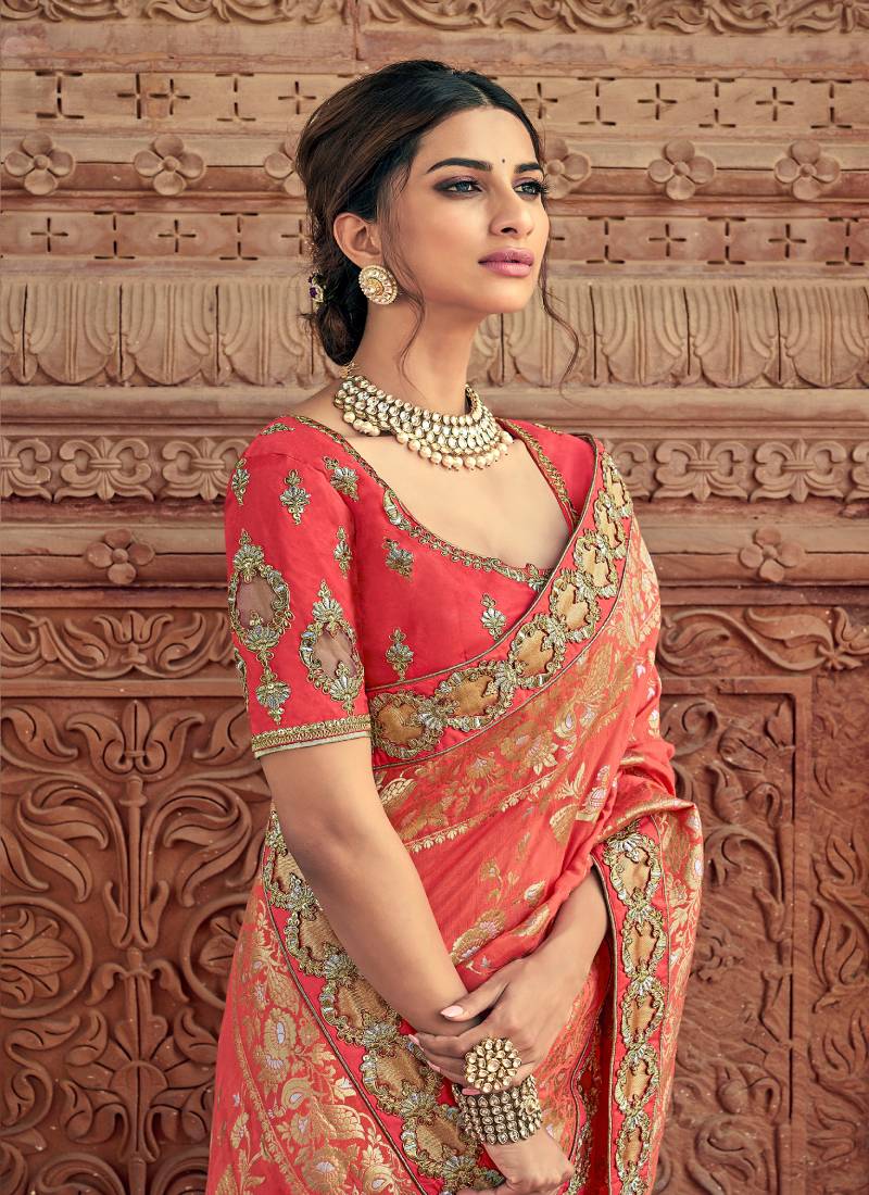 Salmon woven silk saree with blouse - Monjolika - 3094256