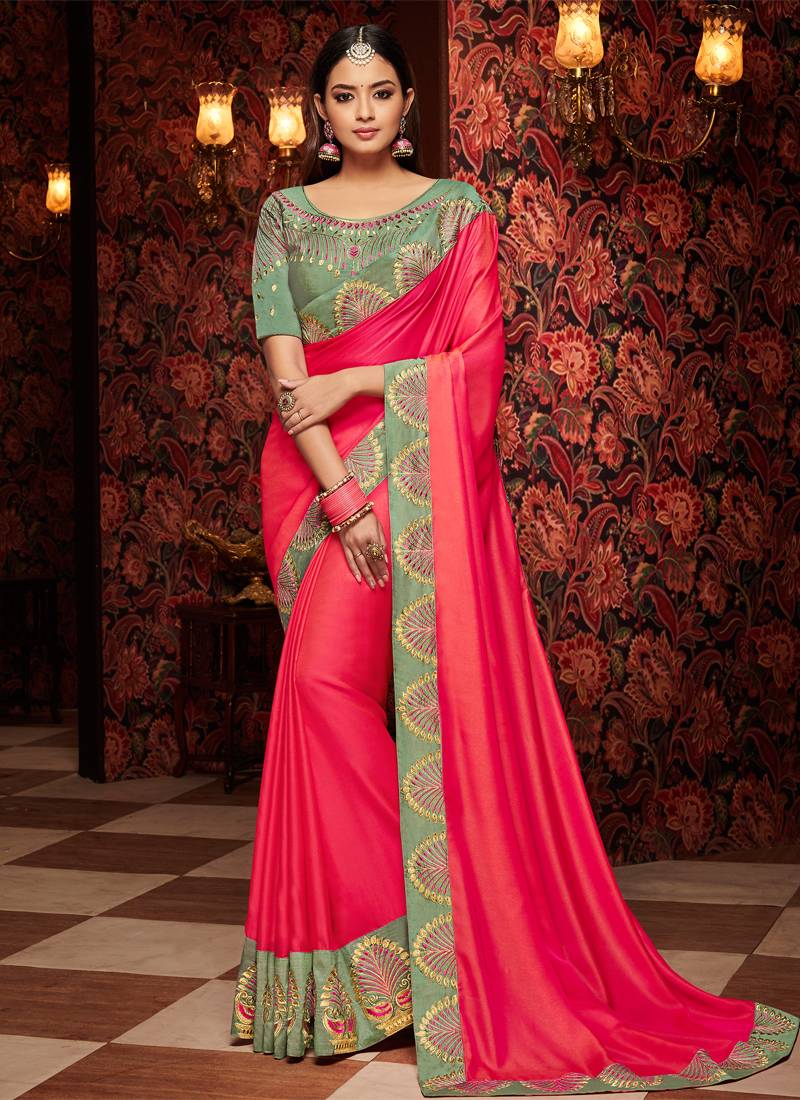 Coral embroidered silk blend saree with blouse - Monjolika - 3094877