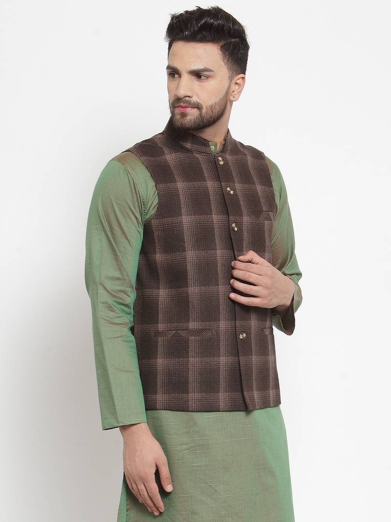 Brown Plain Wool Nehru Jacket - NEUDIS by Dhrohar - 3095321
